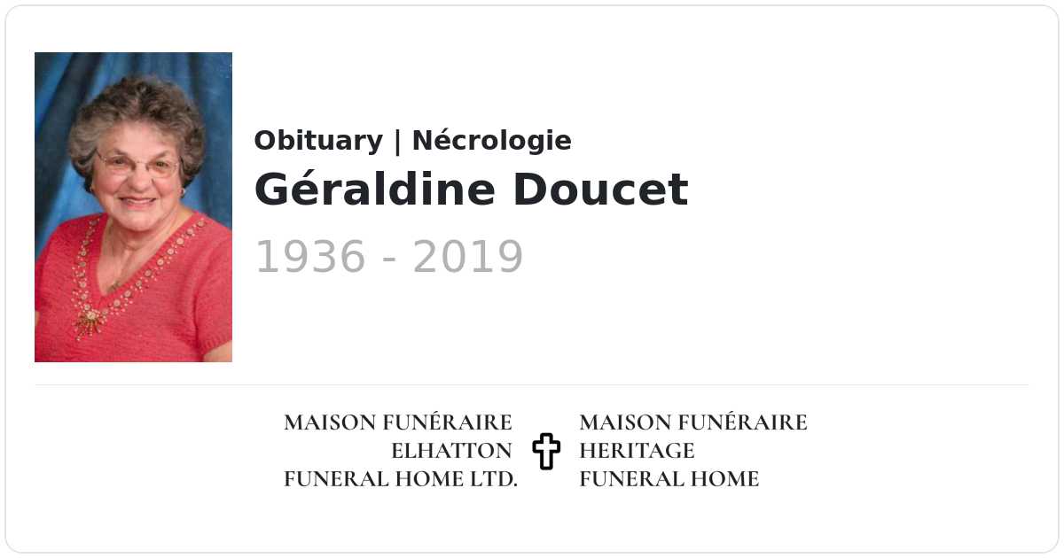 Géraldine Doucet | Obituaries | Elhatton's Funeral Home Ltd.